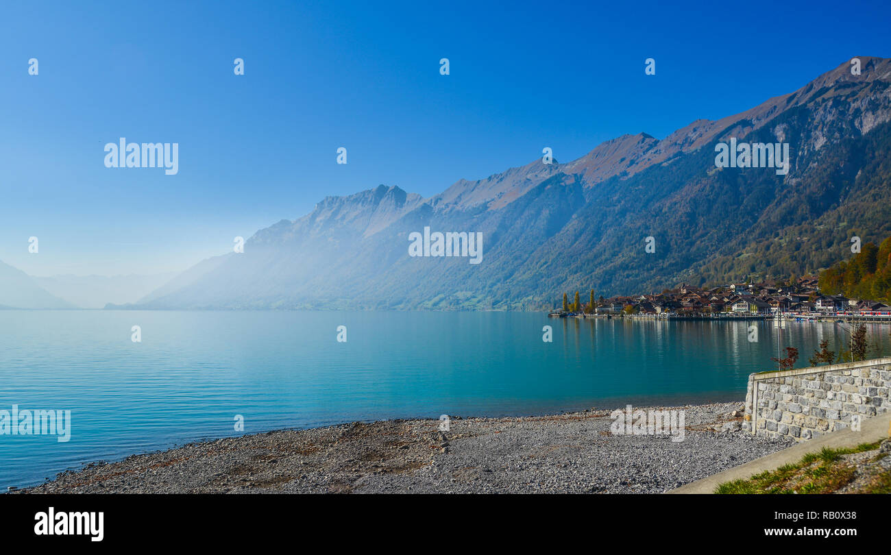 Small town on the lake side of Brienz, Switzerland. The turquoise Lake ...