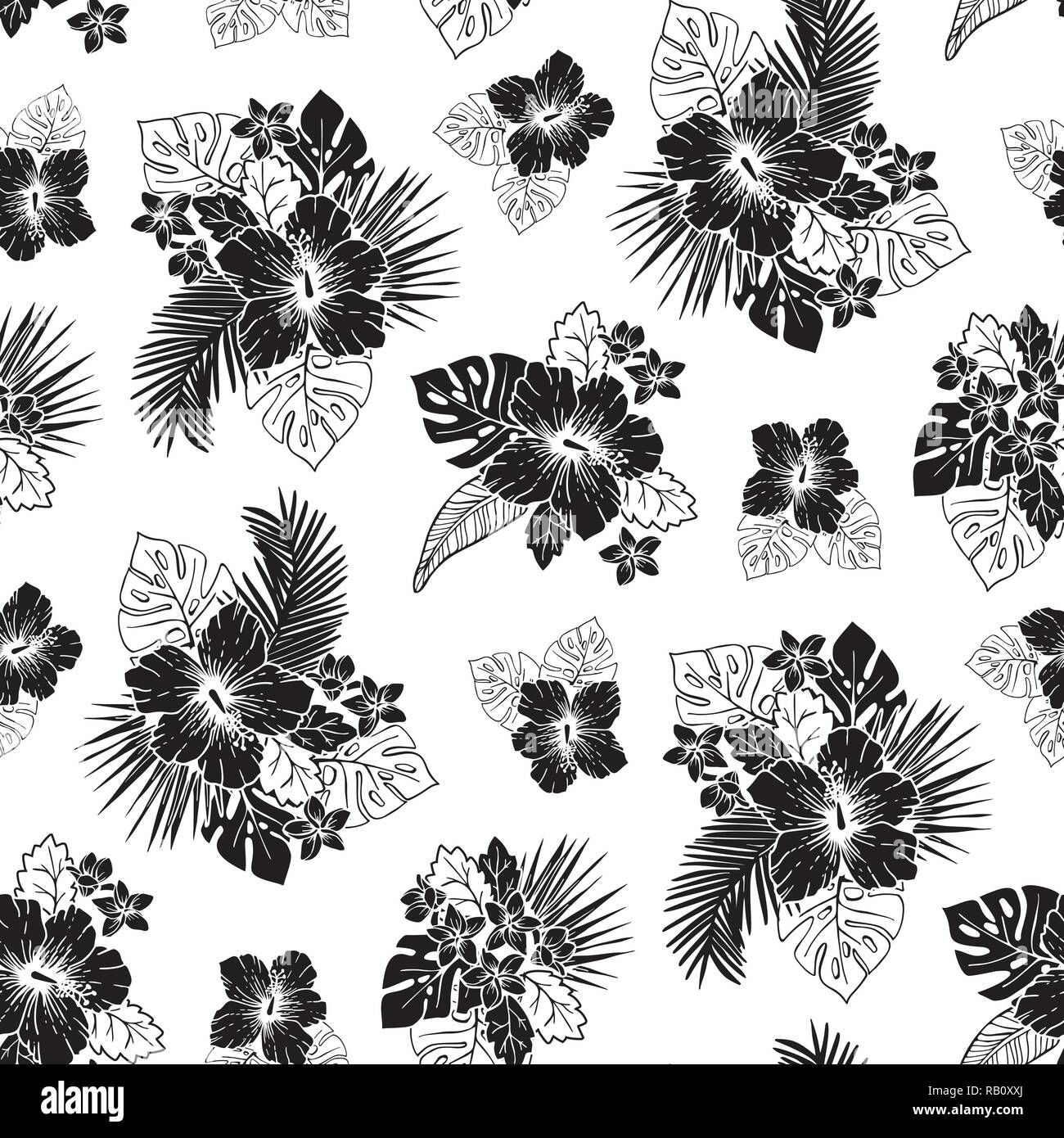 Black and White Exotic Foliage and Hibiscus Flowers Vector Seamless ...
