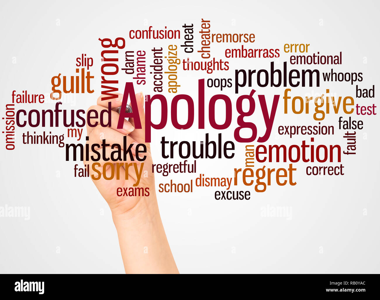 Apology word cloud hand and hand with marker on white background Stock ...