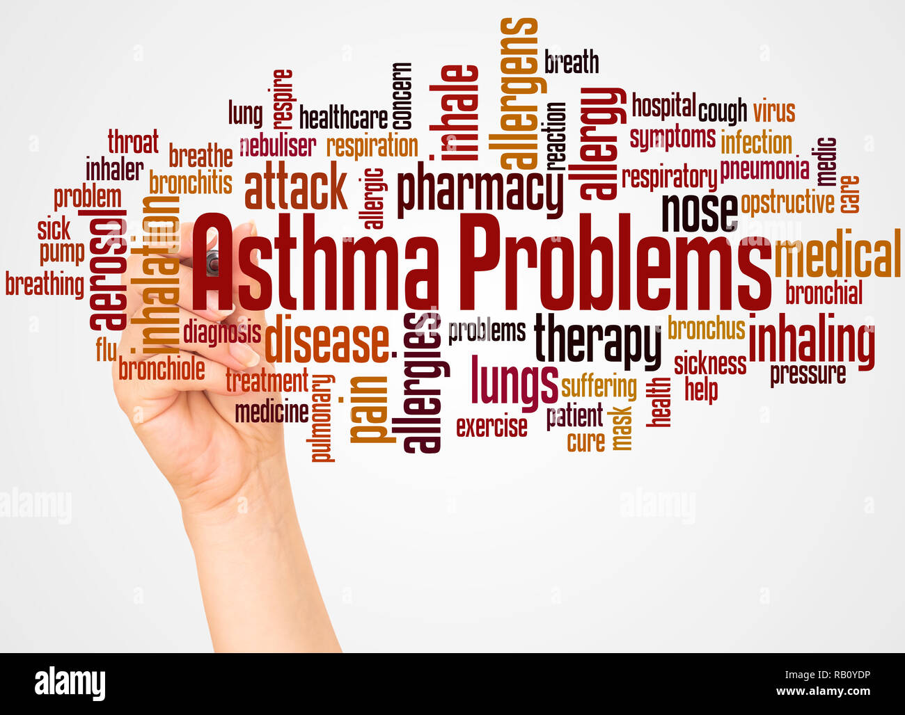 Asthma problems word cloud and hand with marker concept on white ...