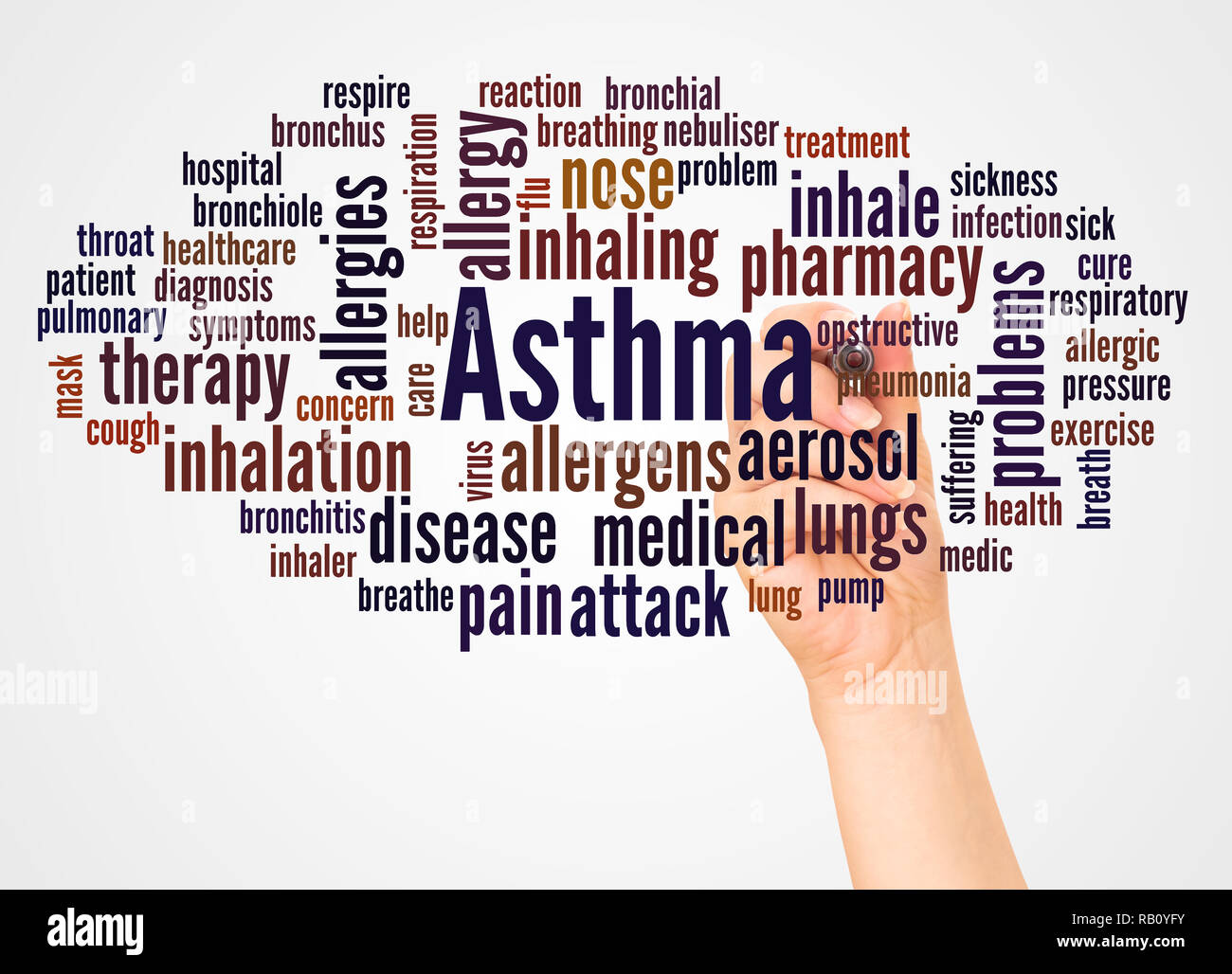 Asthma word cloud and hand with marker concept on white background ...