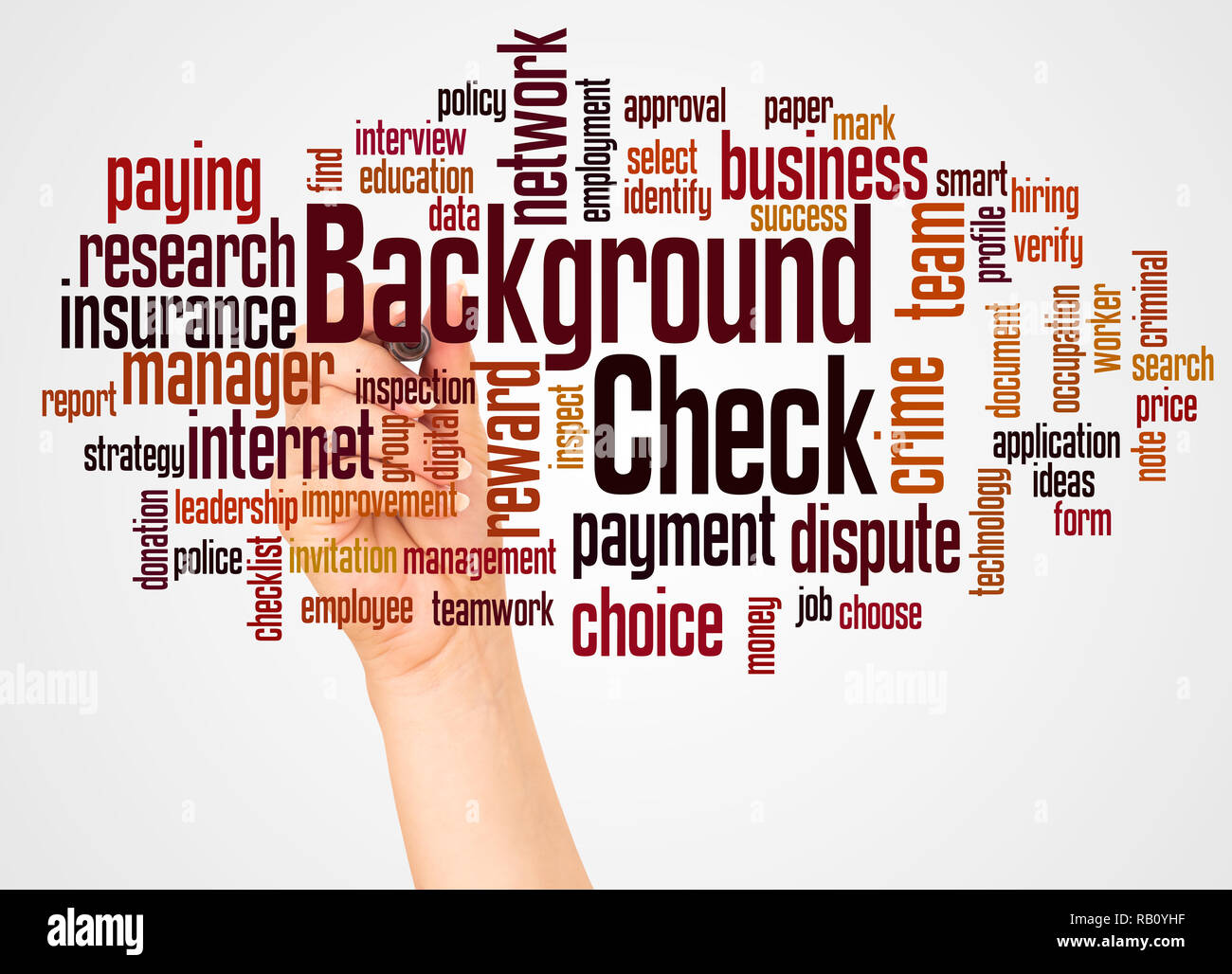 Background check word cloud and hand with marker concept on white ...