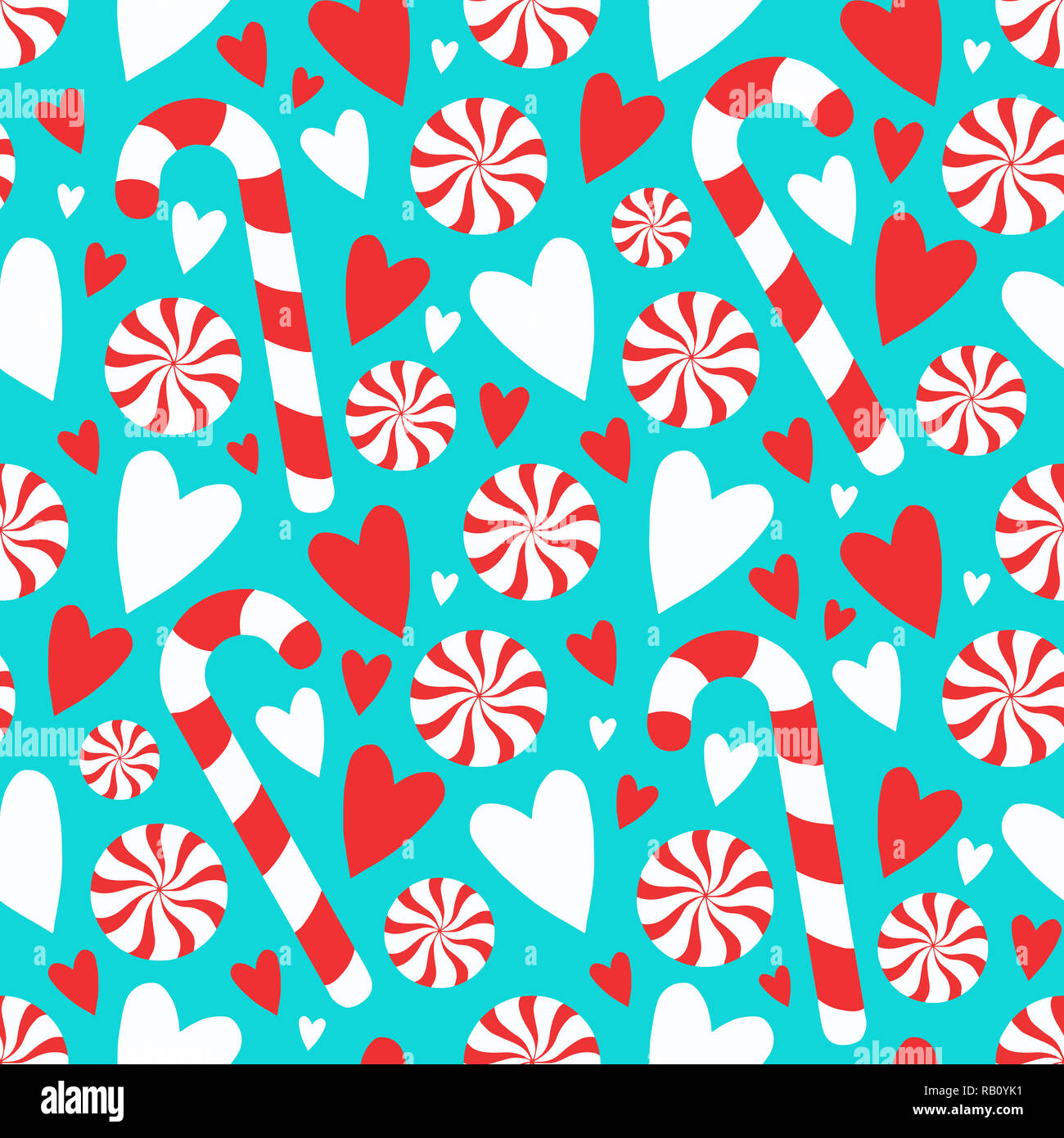 Cartoon style teal candy cane and peppermint twist with hearts seamless ...