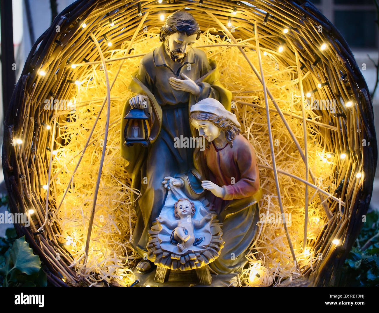 Nativity scene Jesus kid statue close up manger family symbol Stock ...