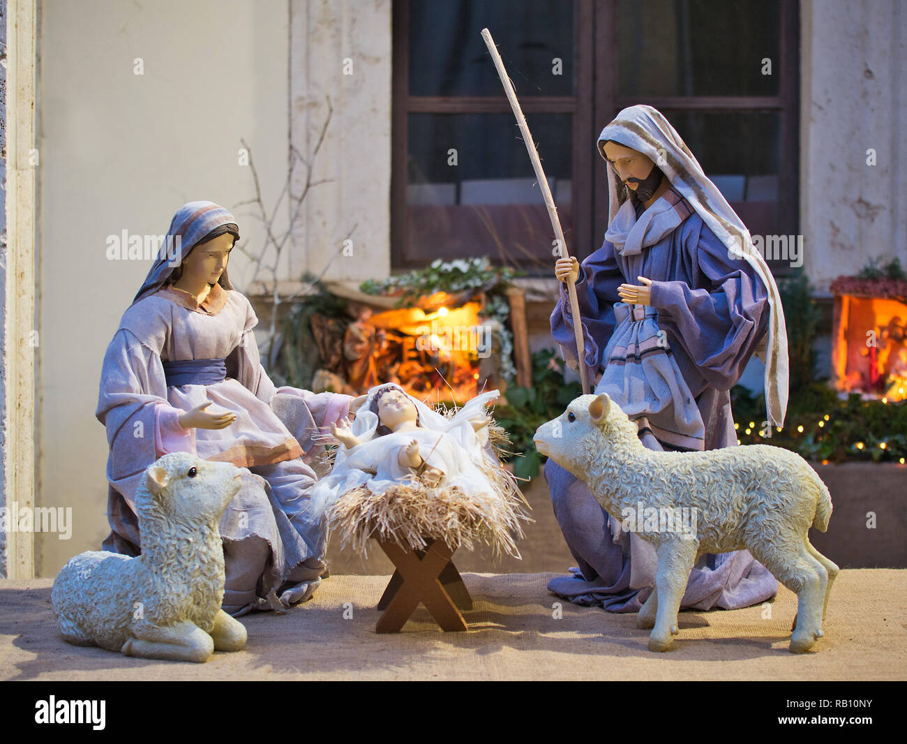 Nativity scene Jesus kid statue close up manger family symbol Stock ...