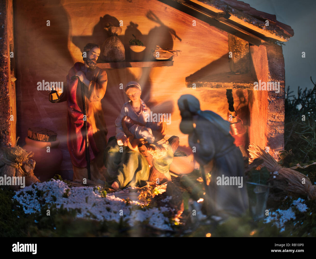 Nativity scene Jesus kid statue close up manger family symbol Stock ...