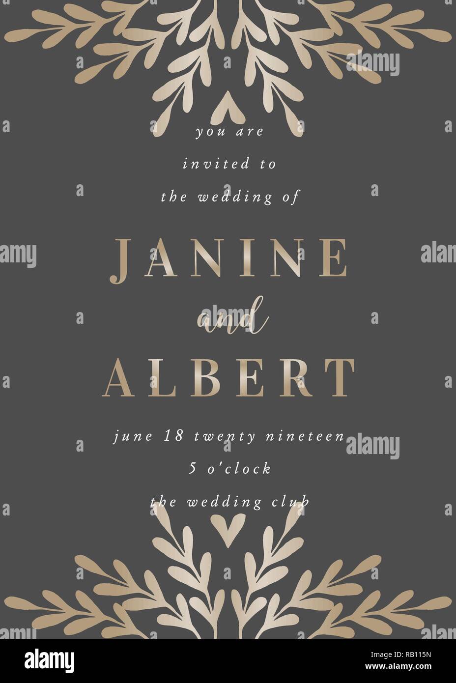 Wedding invitation template with golden leaves on dark gray background ...