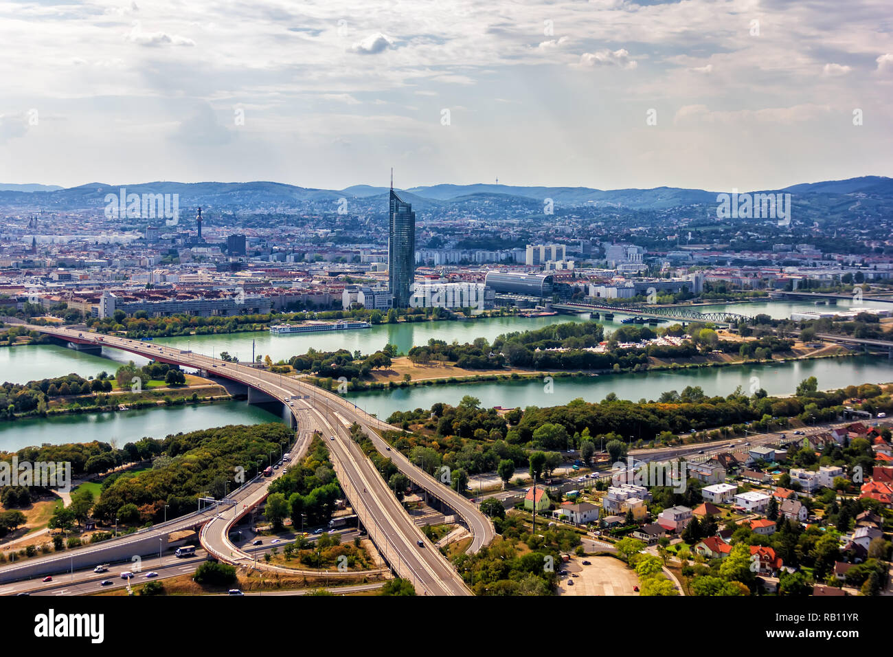 Modern Vienna urban infrastructure, view from the Danube Tower Stock ...