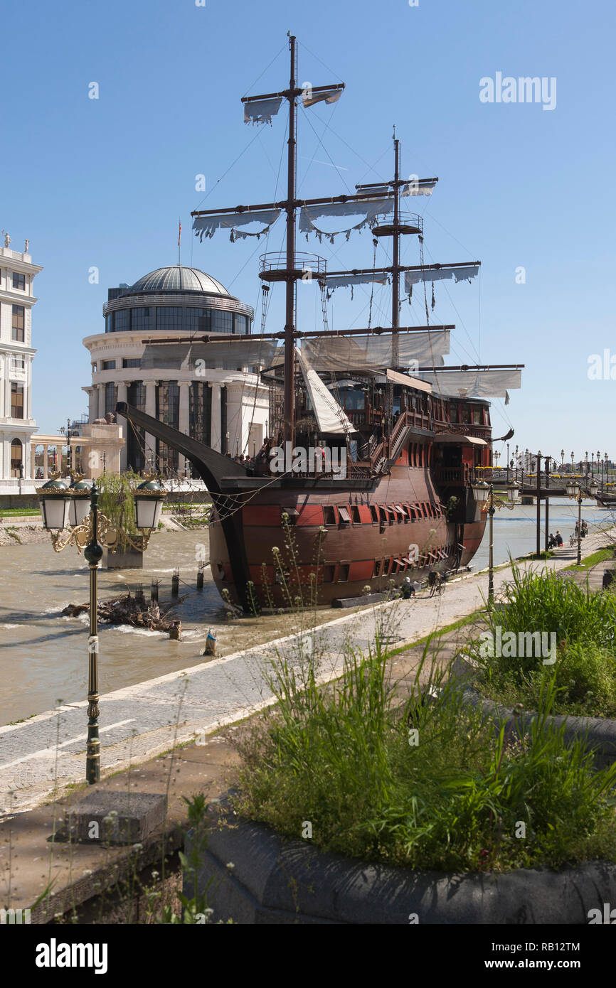 Skopje, Vardar river, Galleon ship restaurant and bar, Macedonia Stock ...