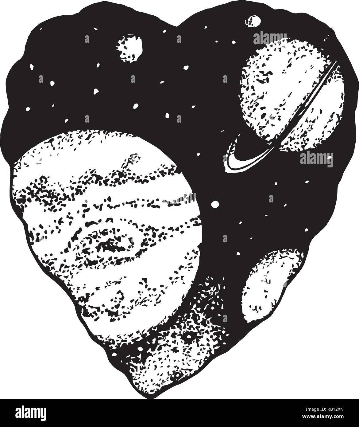 Illustration of a heart with space inside, saturn and planet. Tattoo ...
