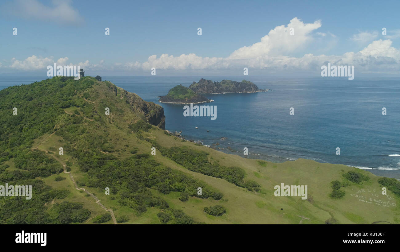 Aerial view of lighthouse in Palau island. Lighthouse in cape Engano ...
