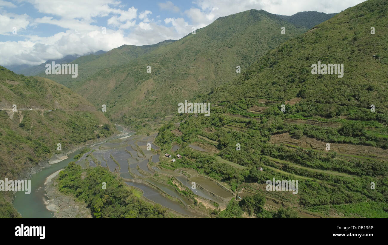 Aerial view of rice terraces and agricultural land on the slopes of the ...