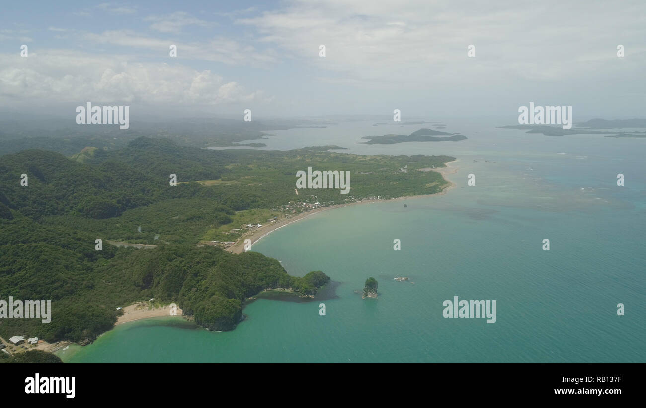 Aerial view of islands with sand beach and turquoise water in blue ...