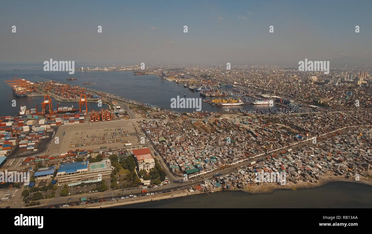 Aerial view industrial cargo port with ships and cranes. View of the ...