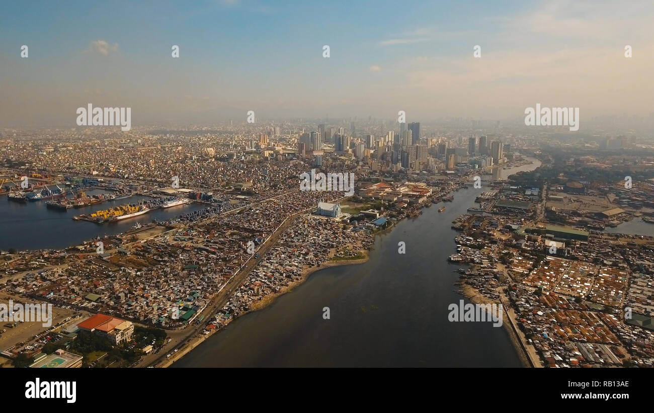 Aerial view skyline of Manila city, Makati. Fly over city with ...