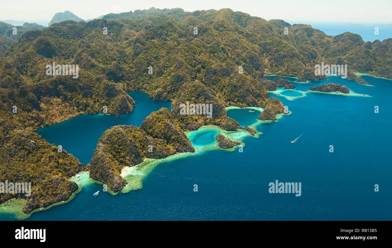 Aerial view lagoon with blue, azure water in middle small islands and ...