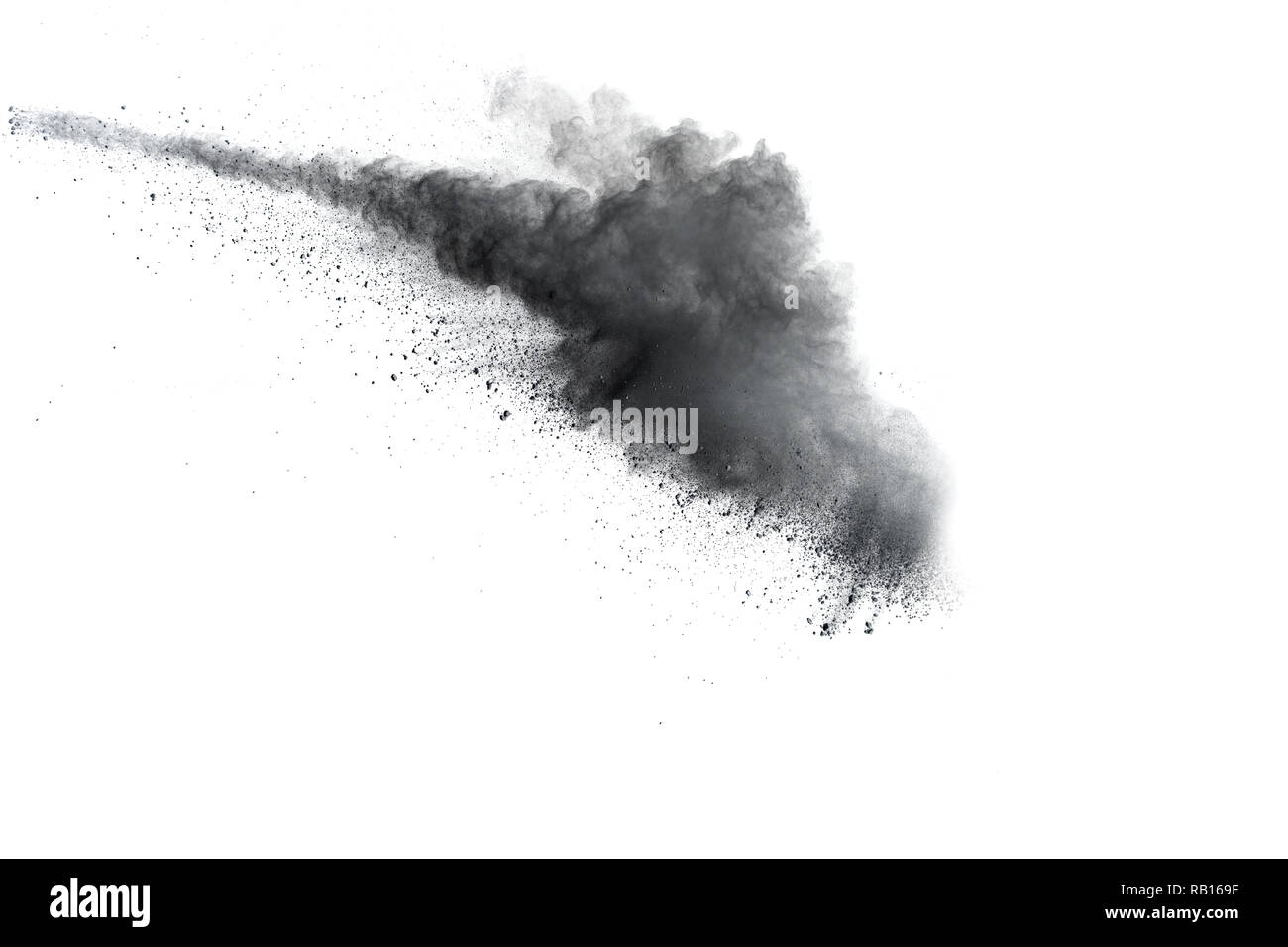 Closeup of black dust particles explode isolated on white background ...