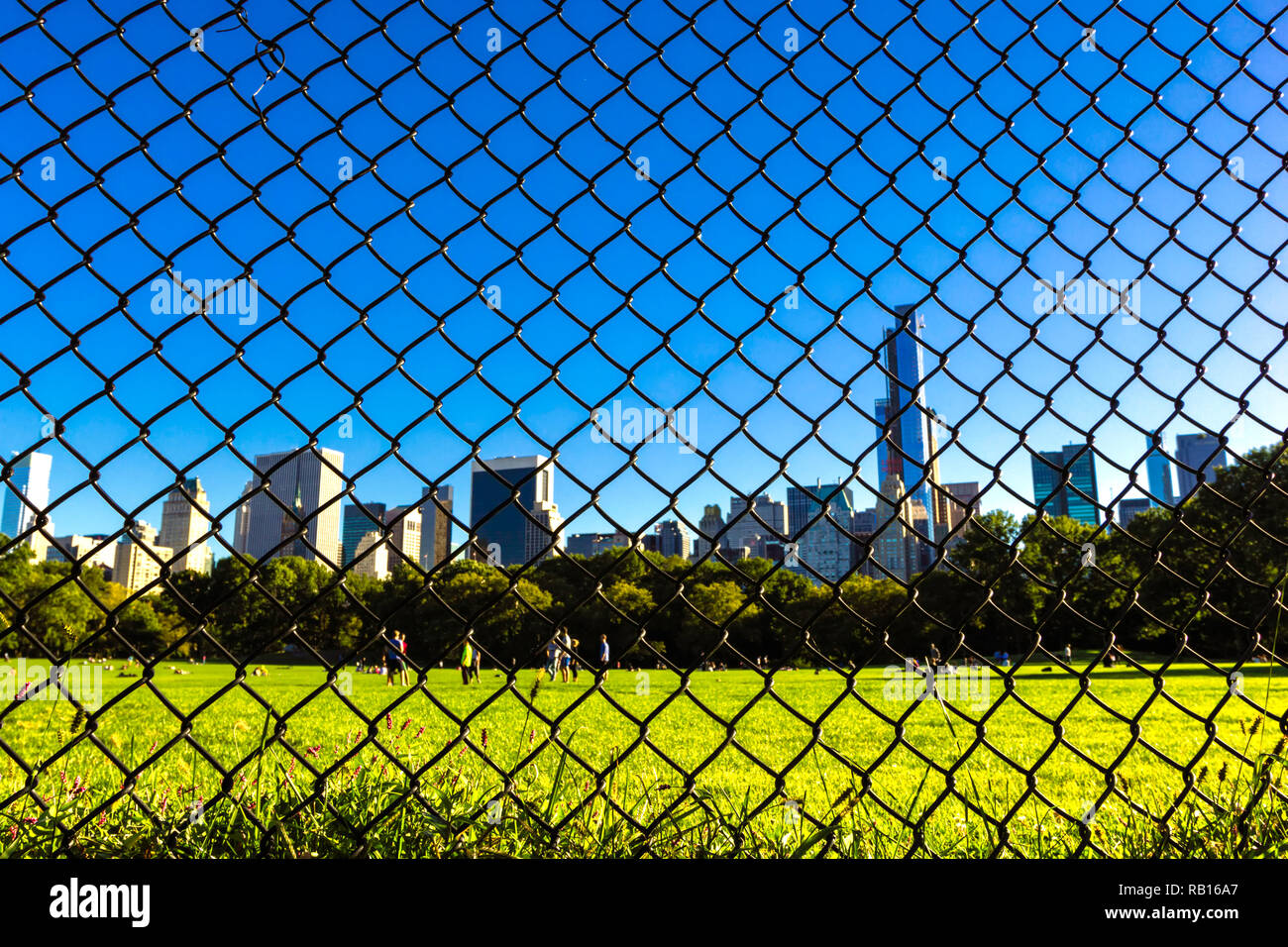 Central Park lawn and Manhattan skyline behind the wire fence Stock ...