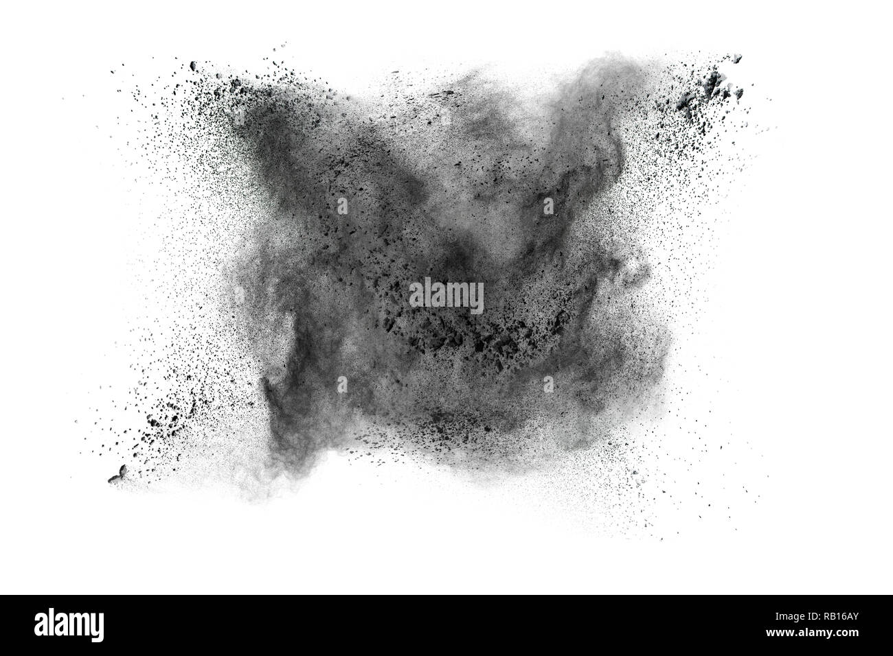 Closeup of black dust particles explode isolated on white background ...