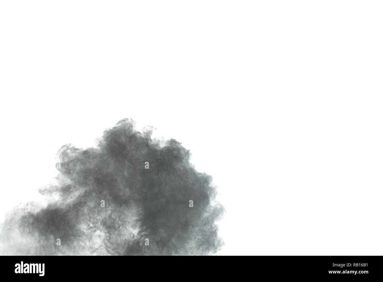 Closeup of black dust particles explode isolated on white background ...