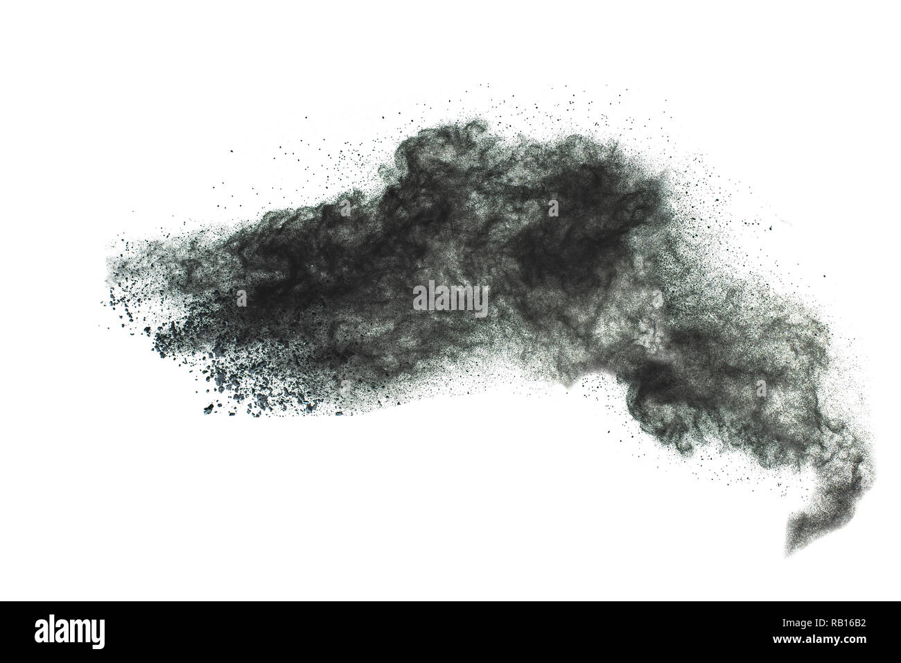 Closeup of black dust particles explode isolated on white background ...
