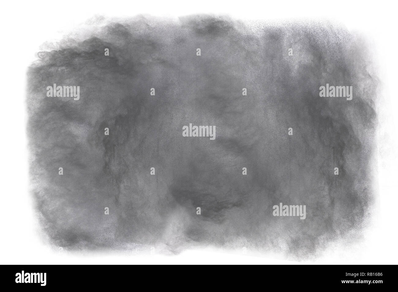 Closeup of black dust particles explode isolated on white background ...