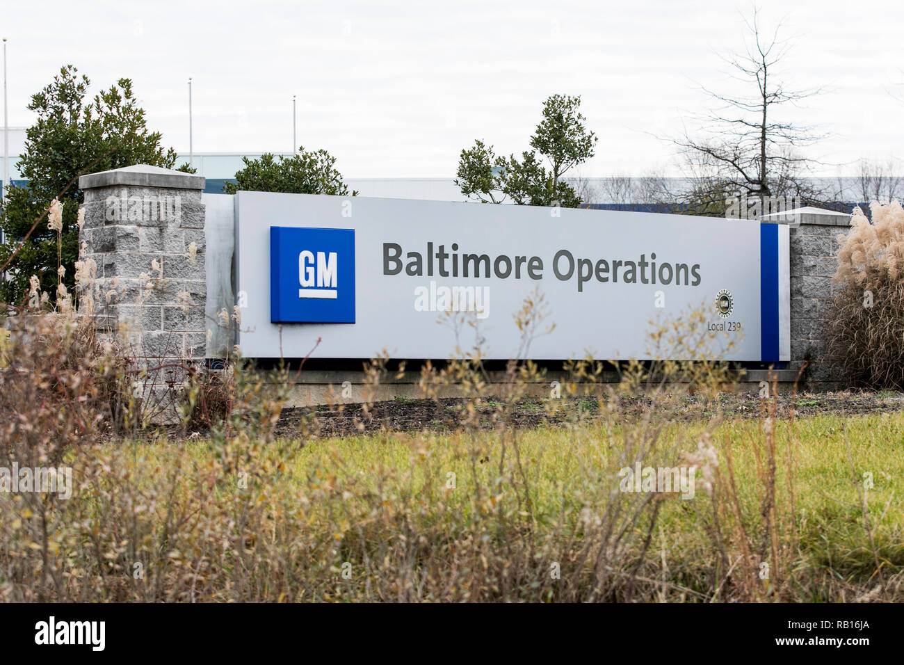A logo sign outside of the General Motors (GM) Baltimore Operations ...
