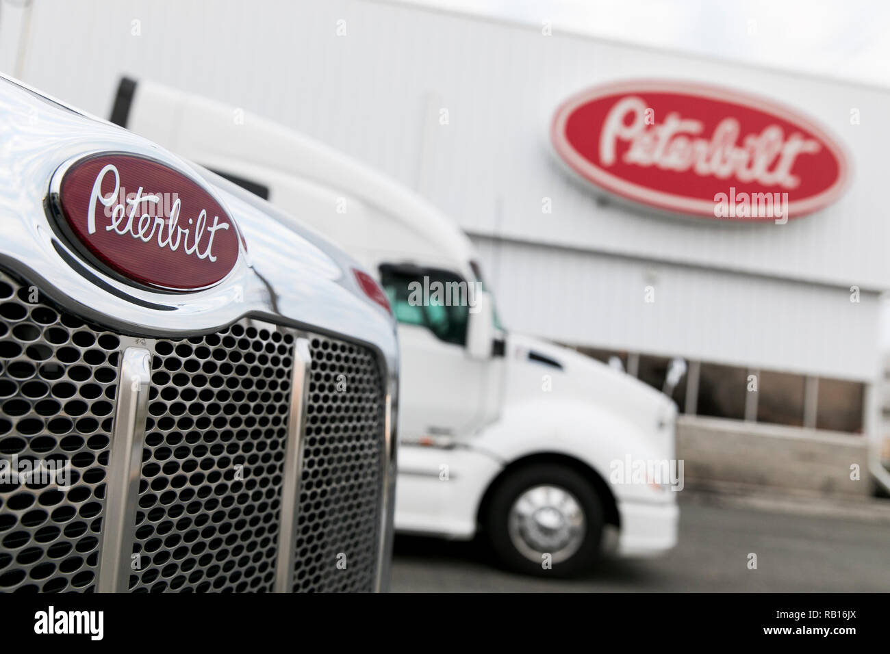 Peterbilt trucks outside of a Peterbilt Motors Company facility in ...