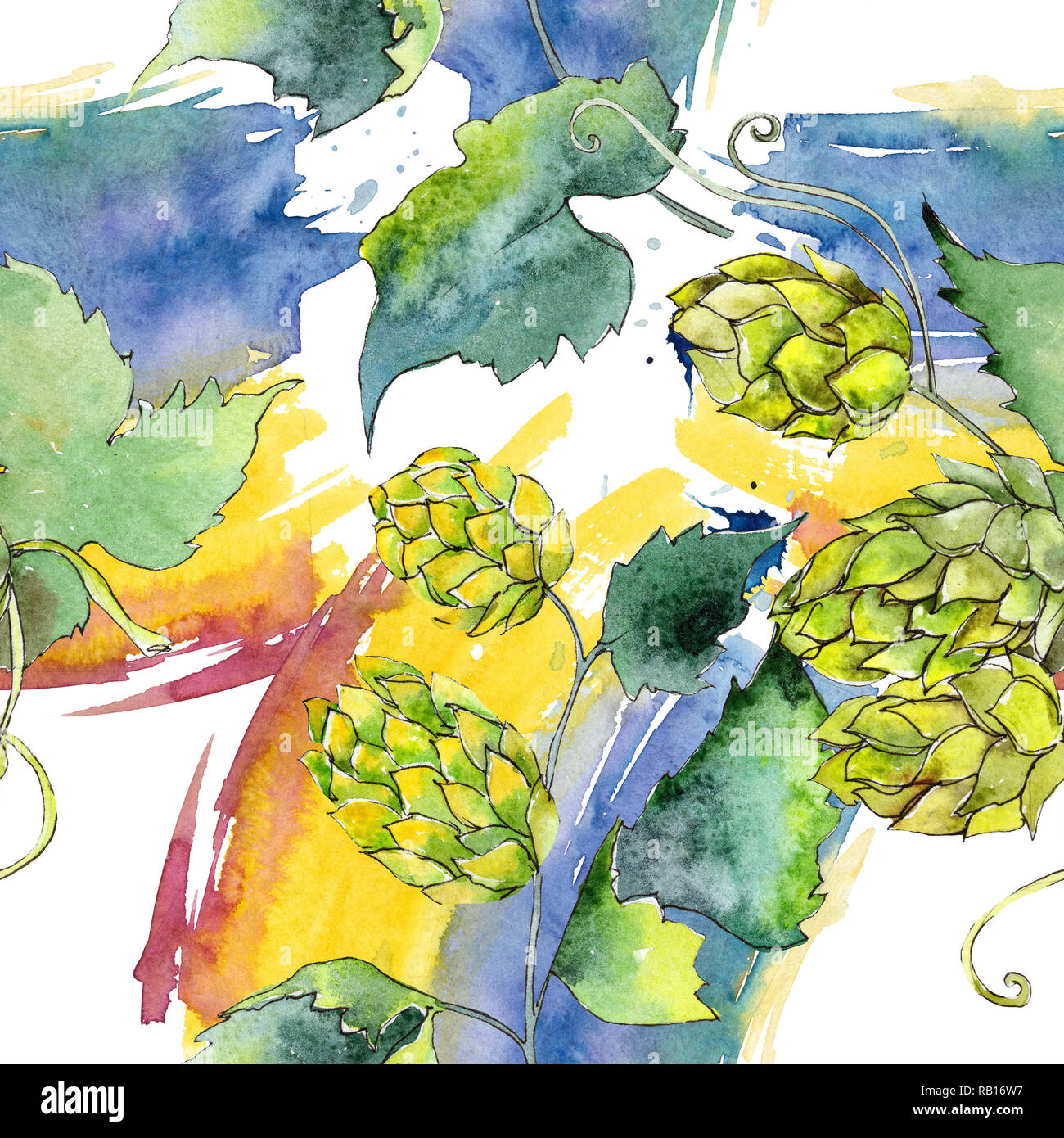 Green hops. Watercolor background illustration set. Seamless background ...