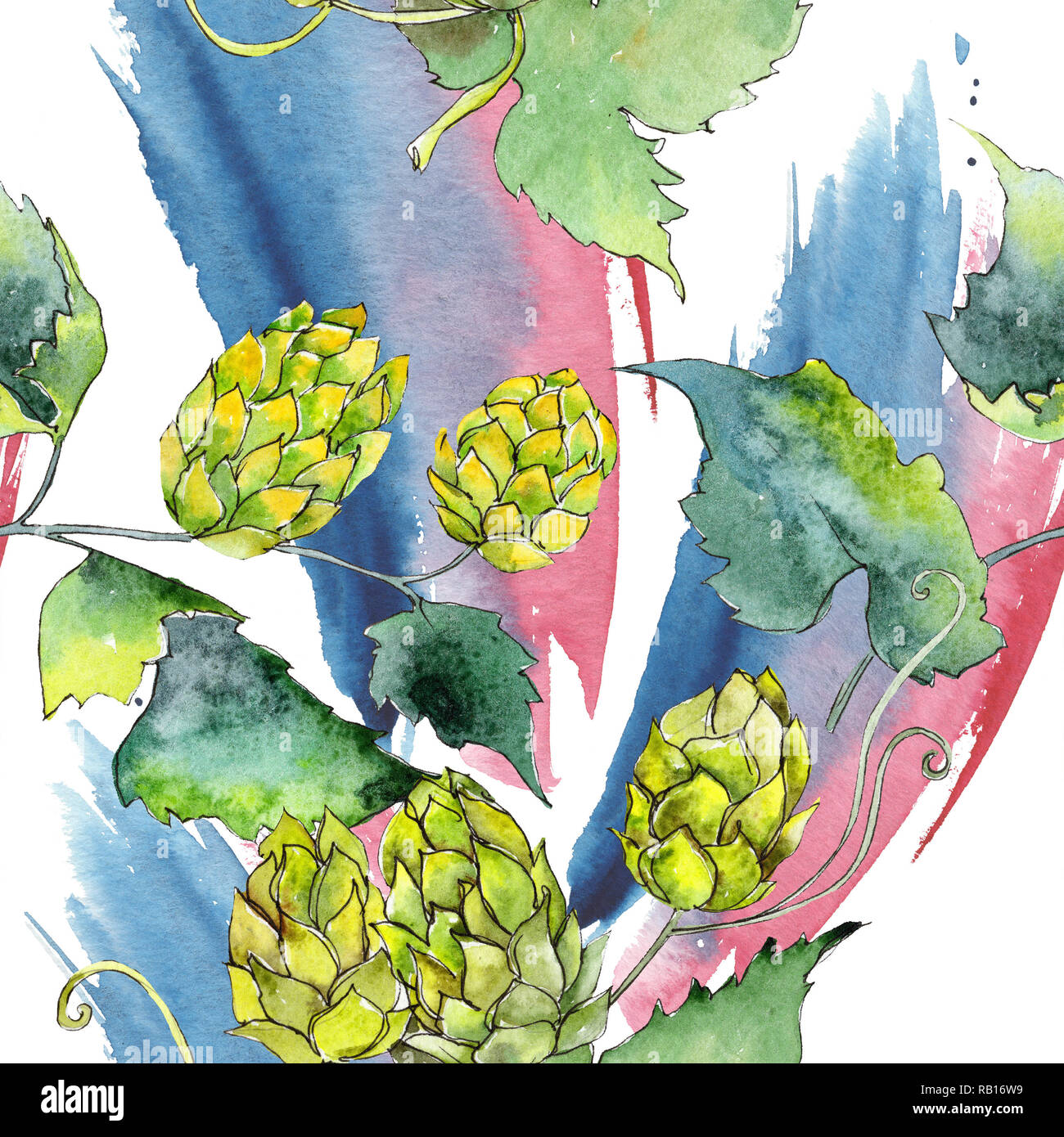 Green hops. Watercolor background illustration set. Seamless background ...