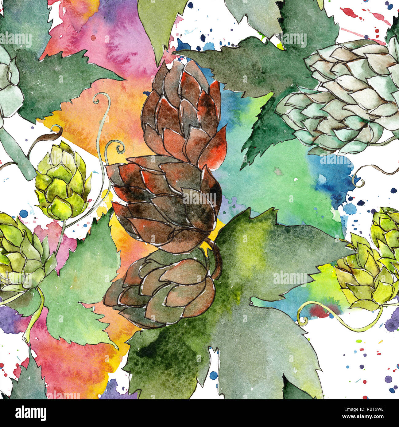 Green hops. Watercolor background illustration set. Seamless background ...