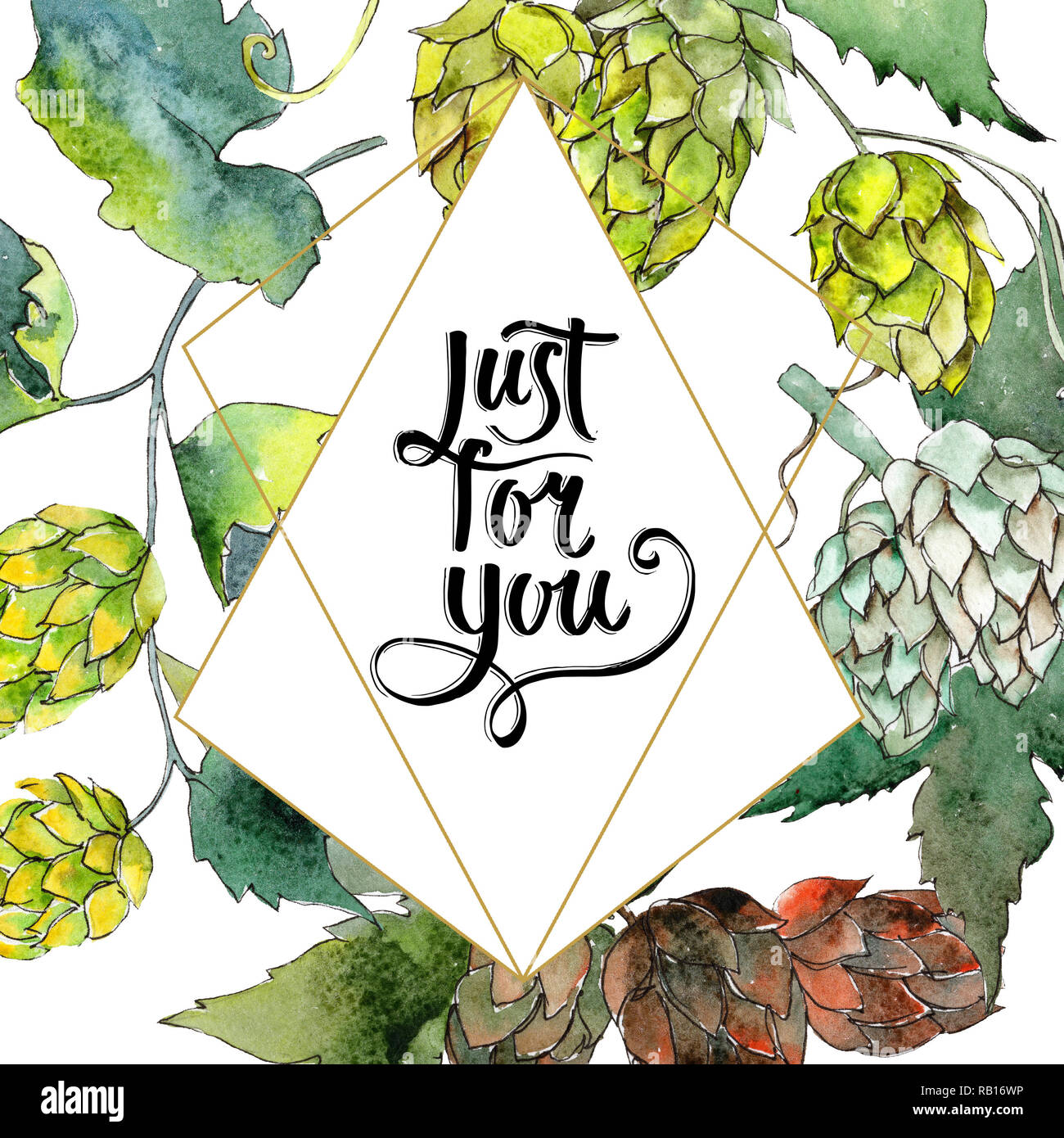 Green hops. Watercolor background illustration set. Frame border ...