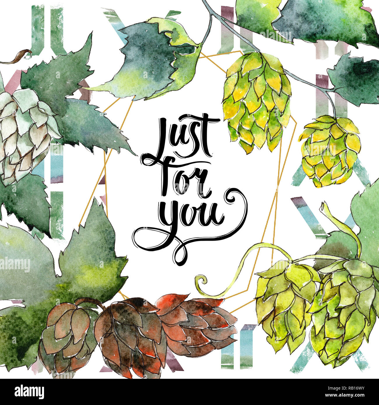 Green hops. Watercolor background illustration set. Frame border ...
