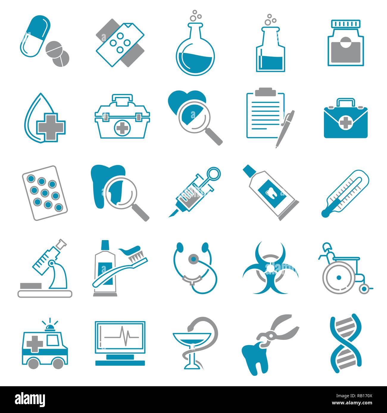 Medical icons set grey and blue on white background for graphic and web ...