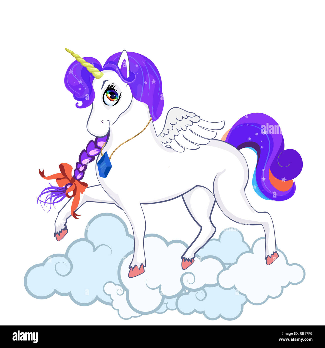 White pony unicorn with big eyes, golden horn, feather wings and purple ...