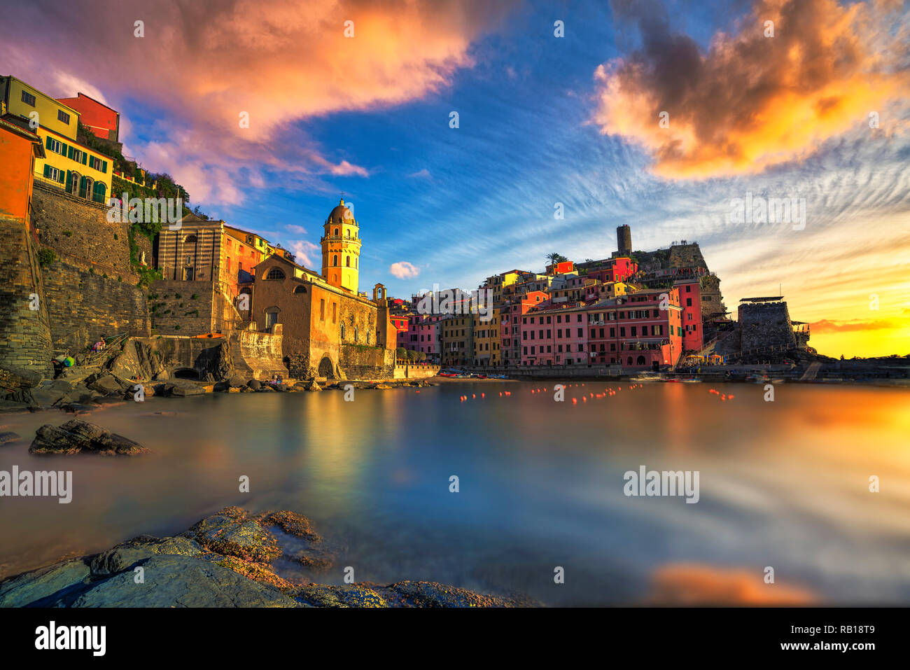 Vernazza village sunset, church, rocks and sea harbor. Seascape in Five ...