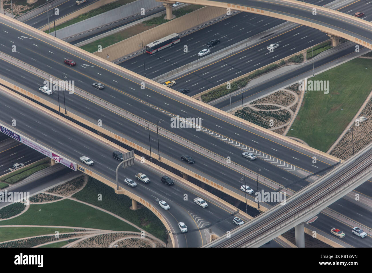 Amazing view of the junction roads from above. Traffic on the highway ...