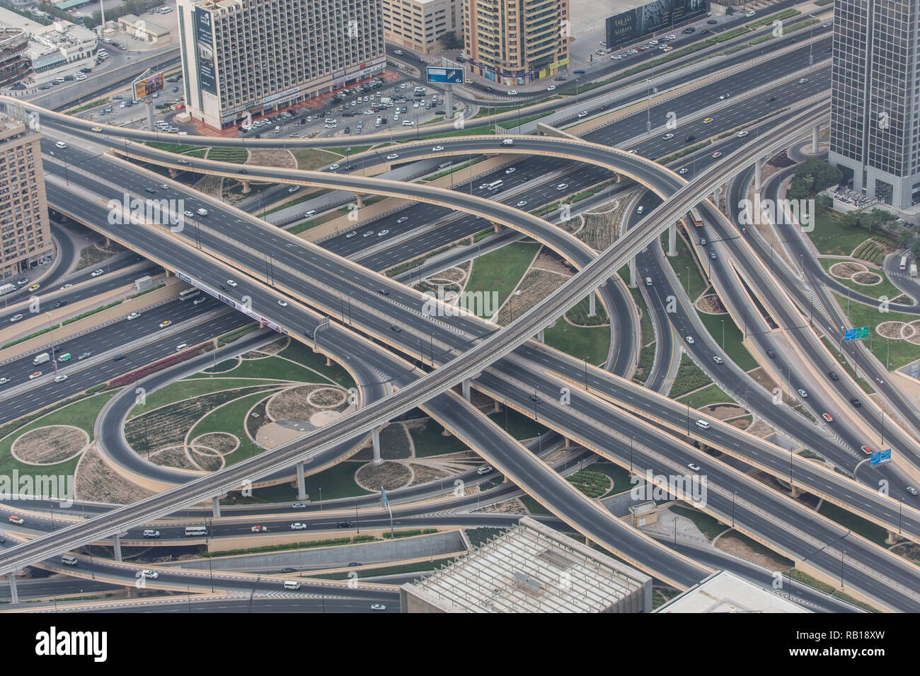 Amazing view of the junction roads from above. Traffic on the highway ...