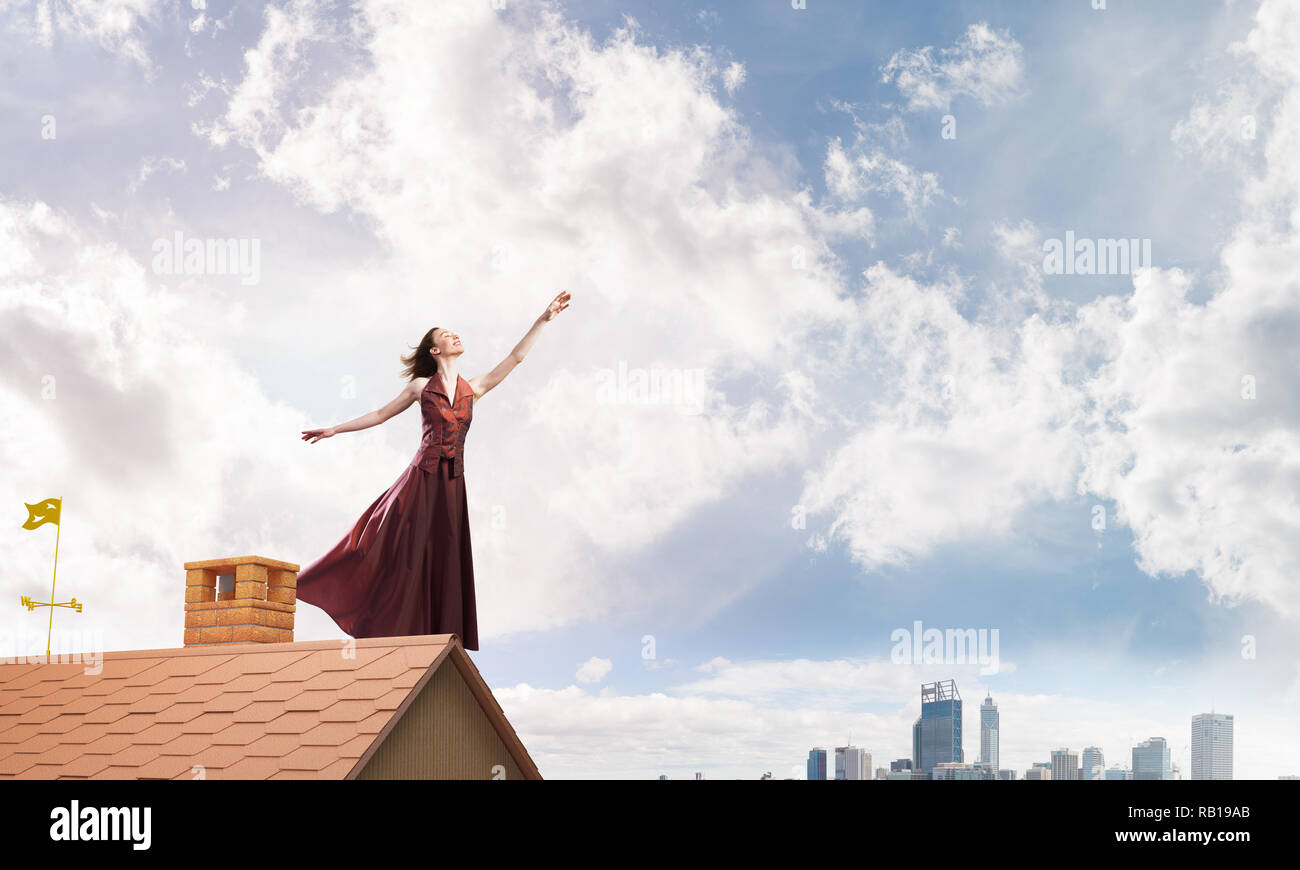 Concept of freedom and happiness with girl enjoying this life. Mixed ...