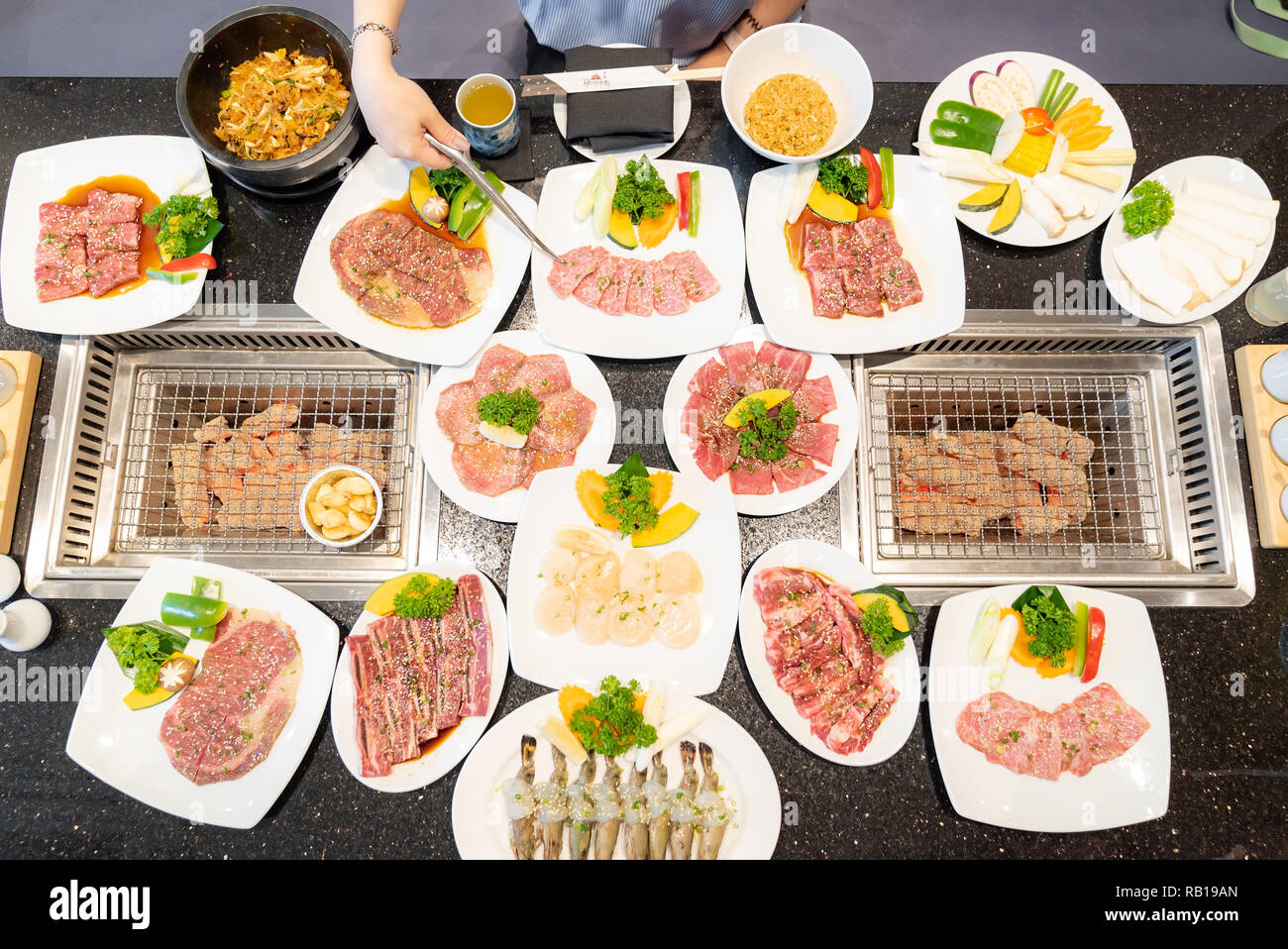 Table top view of yakiniku japanese grilled beef cuisine Stock Photo ...