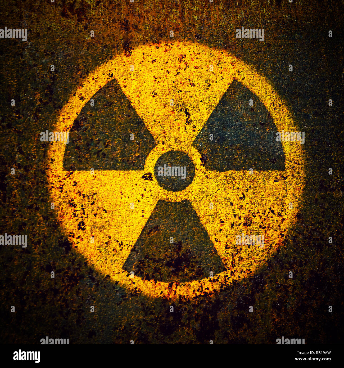 Round yellow radioactive (ionizing radiation) danger symbol painted on ...