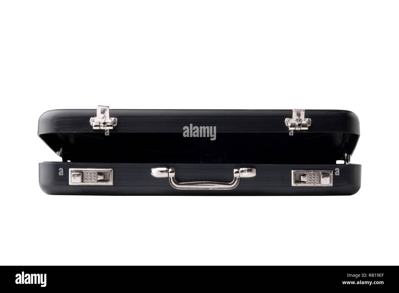 black metal case in the half-open form isolated on white background ...