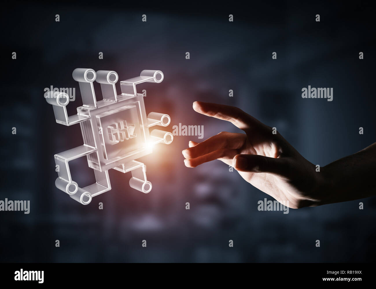 Computer technologies concept with glass GHz symbol. Mixed media Stock ...