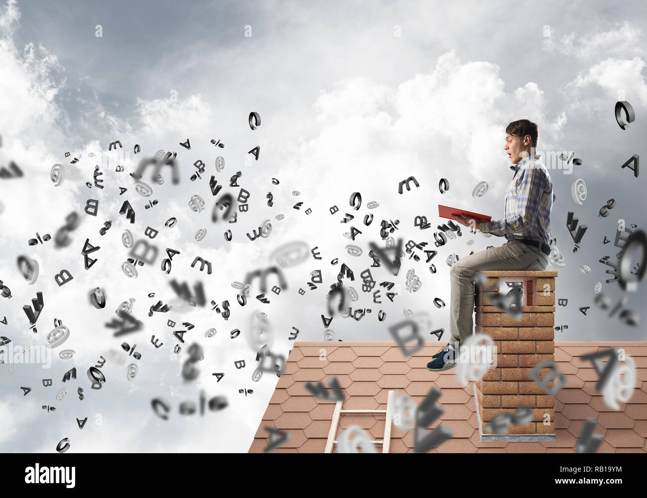 Man on brick roof reading book and symbols flying around Stock Photo ...