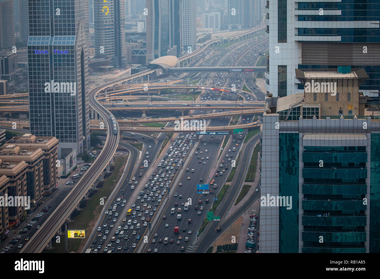 Dubai, UAE - October, 2018. Top view of cars in a traffic jam in Dubai ...