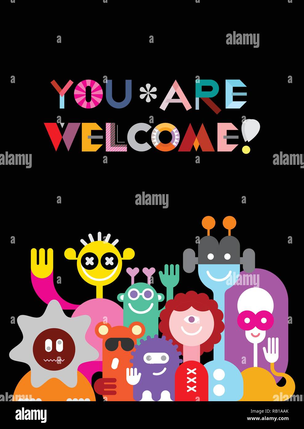 Large group of friendly funny aliens isolated on a black background ...