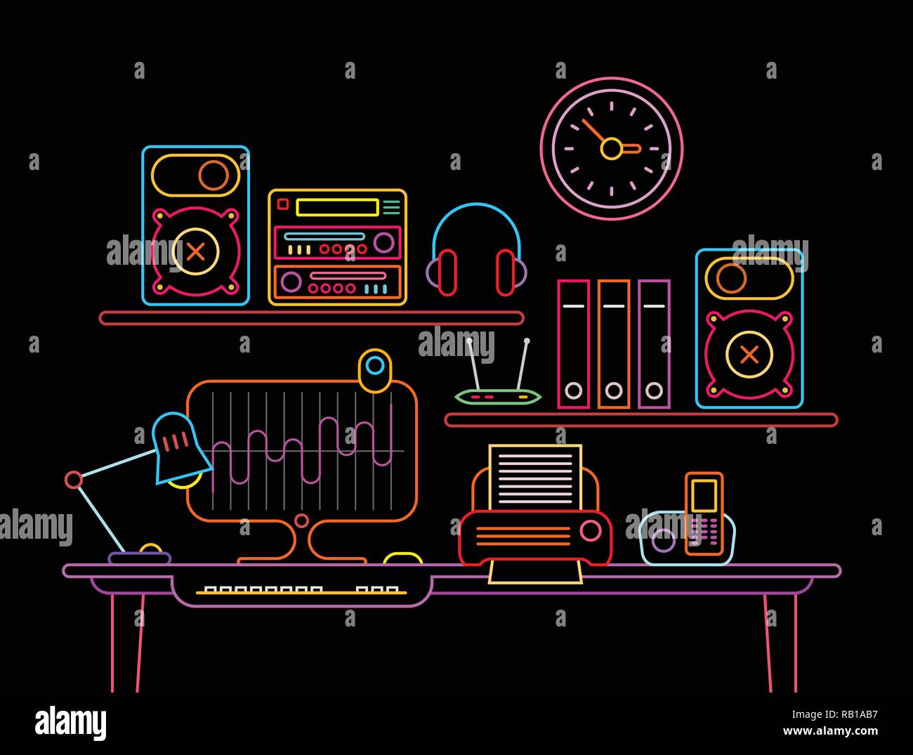 Neon colors on a black background Modern Workplace vector illustration ...
