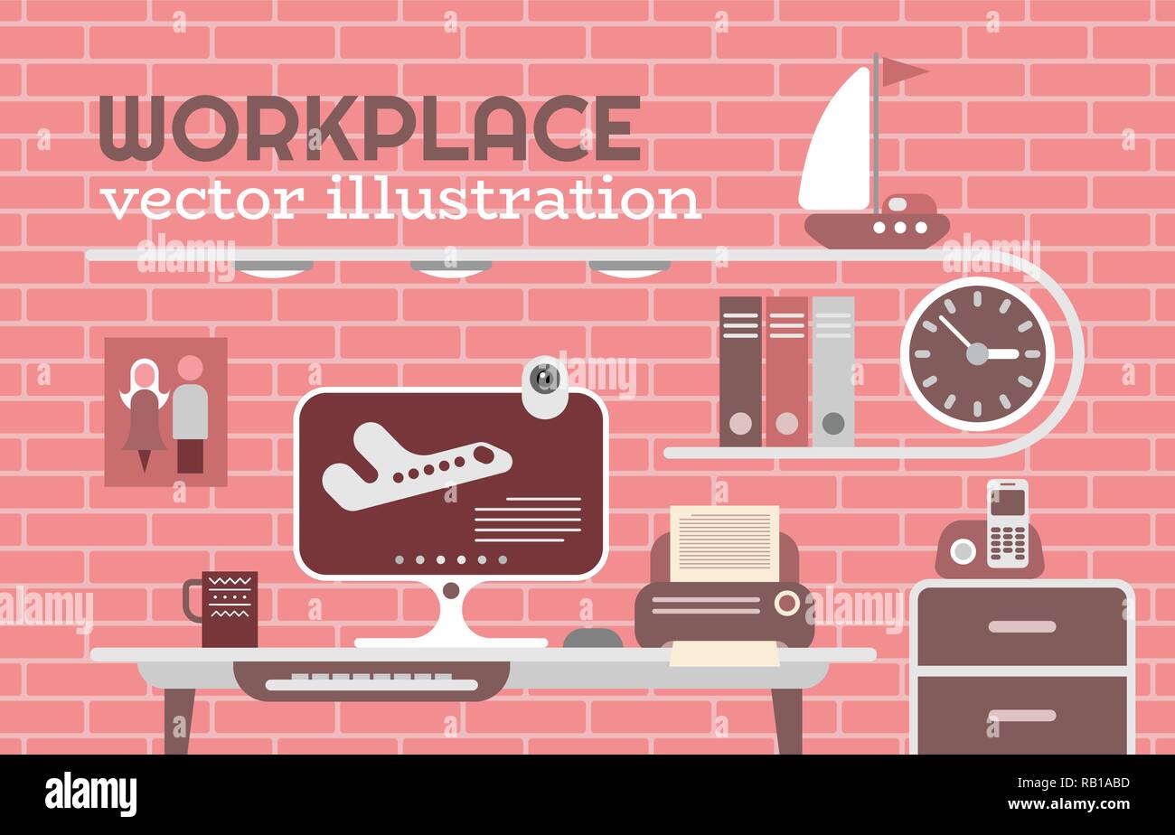 Flat design Workplace vector illustration. Work desktop of travel ...