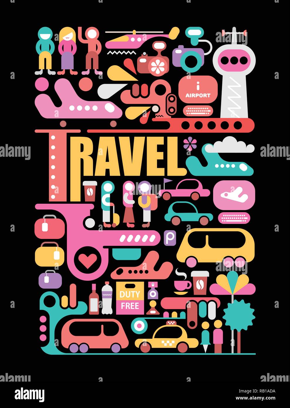 Tourism theme vector illustration featuring the Travel text isolated on ...