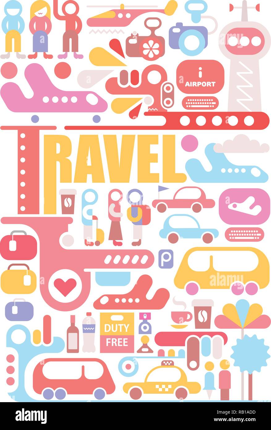 Tourism theme vector illustration featuring the Travel text isolated on ...